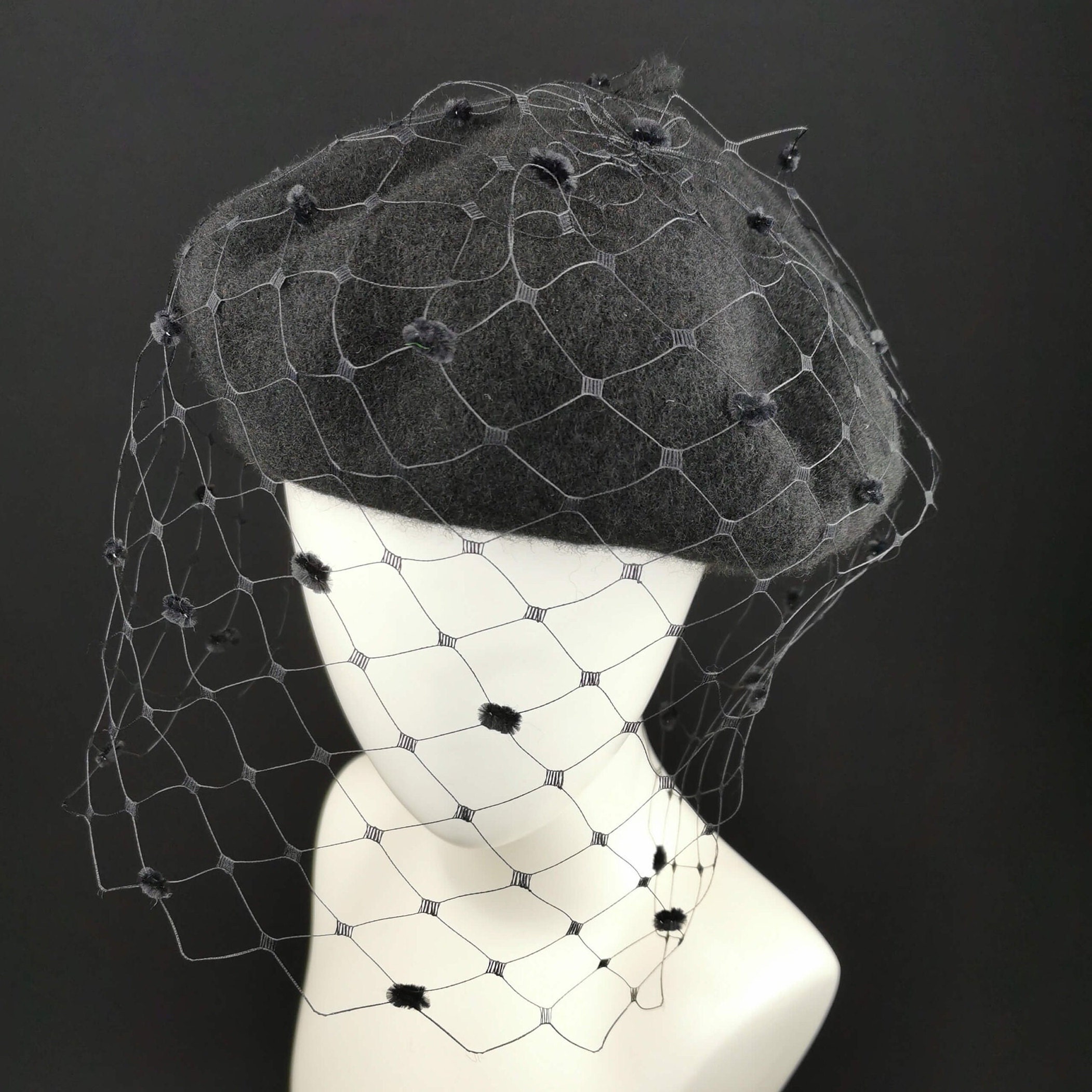 Beret With Veil, Total Black, Merry Widow, Statement Hat, Veil Beret ...