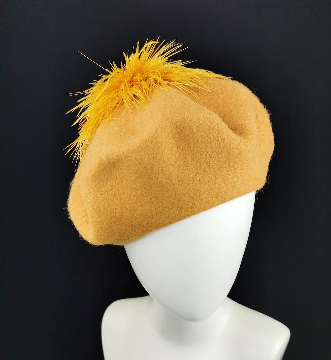 Beret With Feathers Saffron Yellow Beret With Ostrich - Etsy