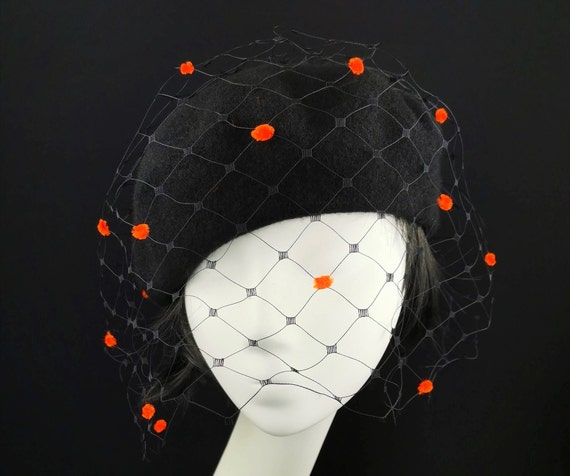 Beret With Veil Black With Neon Orange Chenille Dots - Etsy