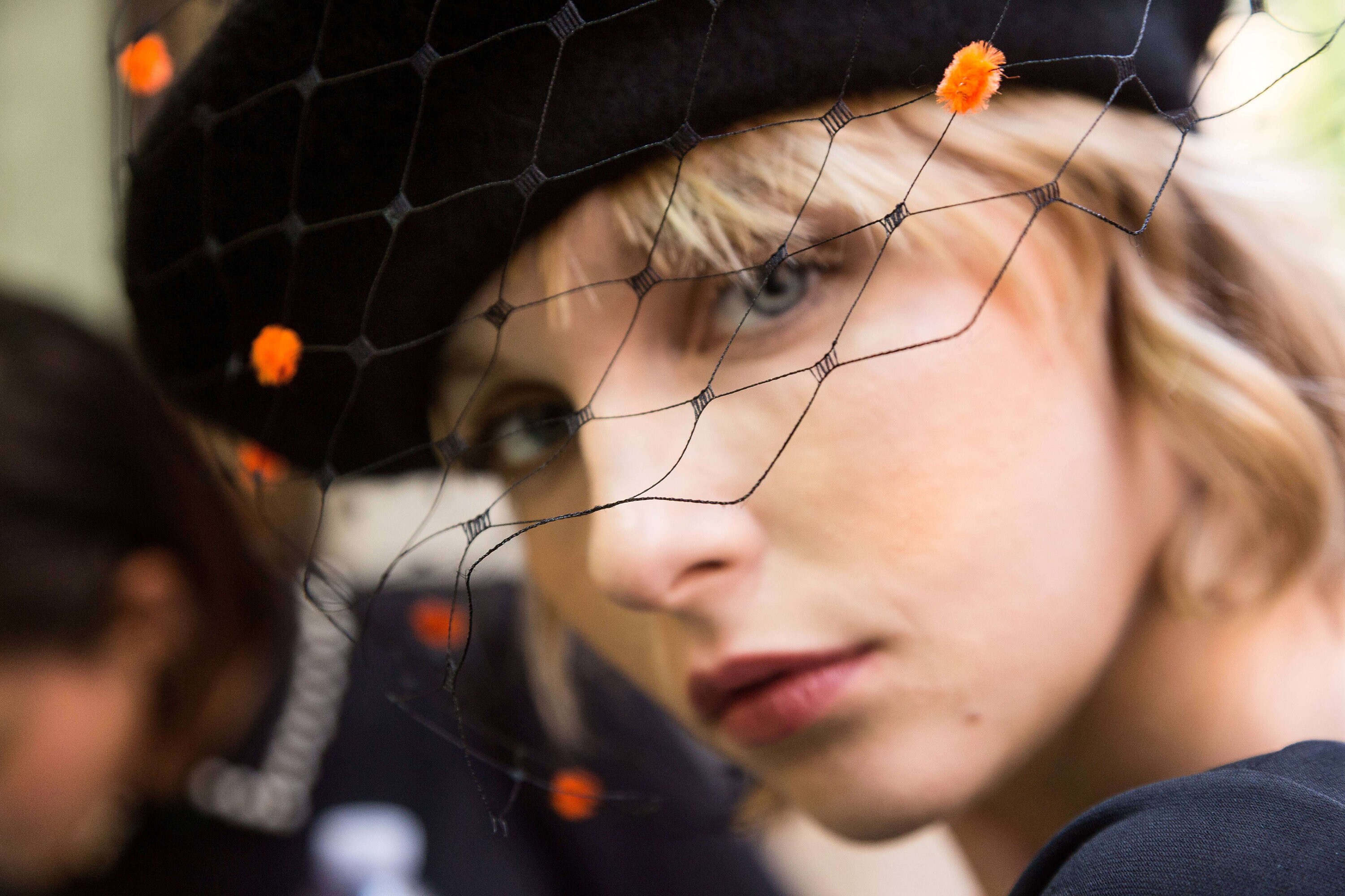 Beret With Veil, Black With Neon Orange Chenille Dots, Statement Hat ...
