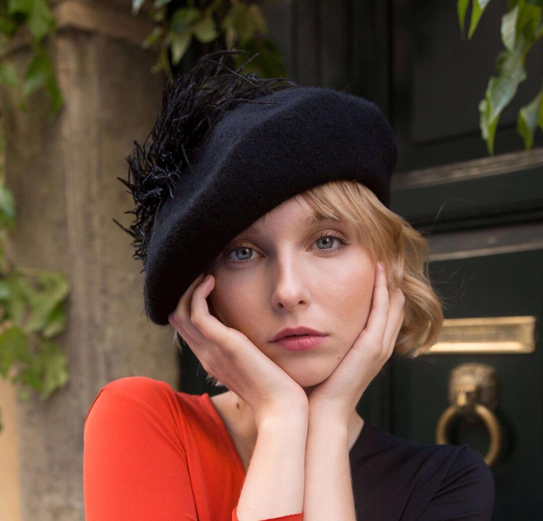 Beret With Feathers, Black Beret With Ostrich Feathers, French Beret ...