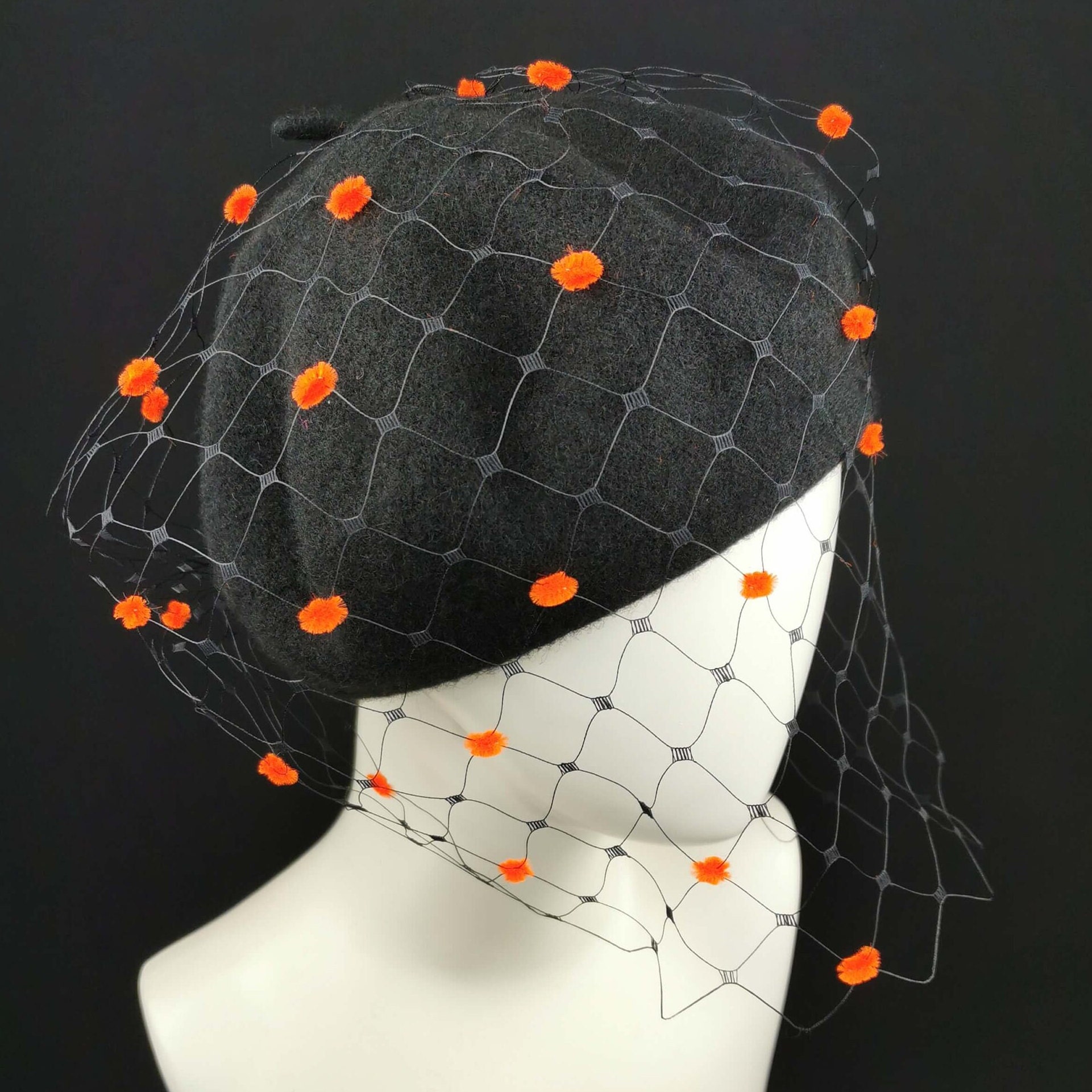 Beret With Veil, Black With Neon Orange Chenille Dots, Statement Hat ...