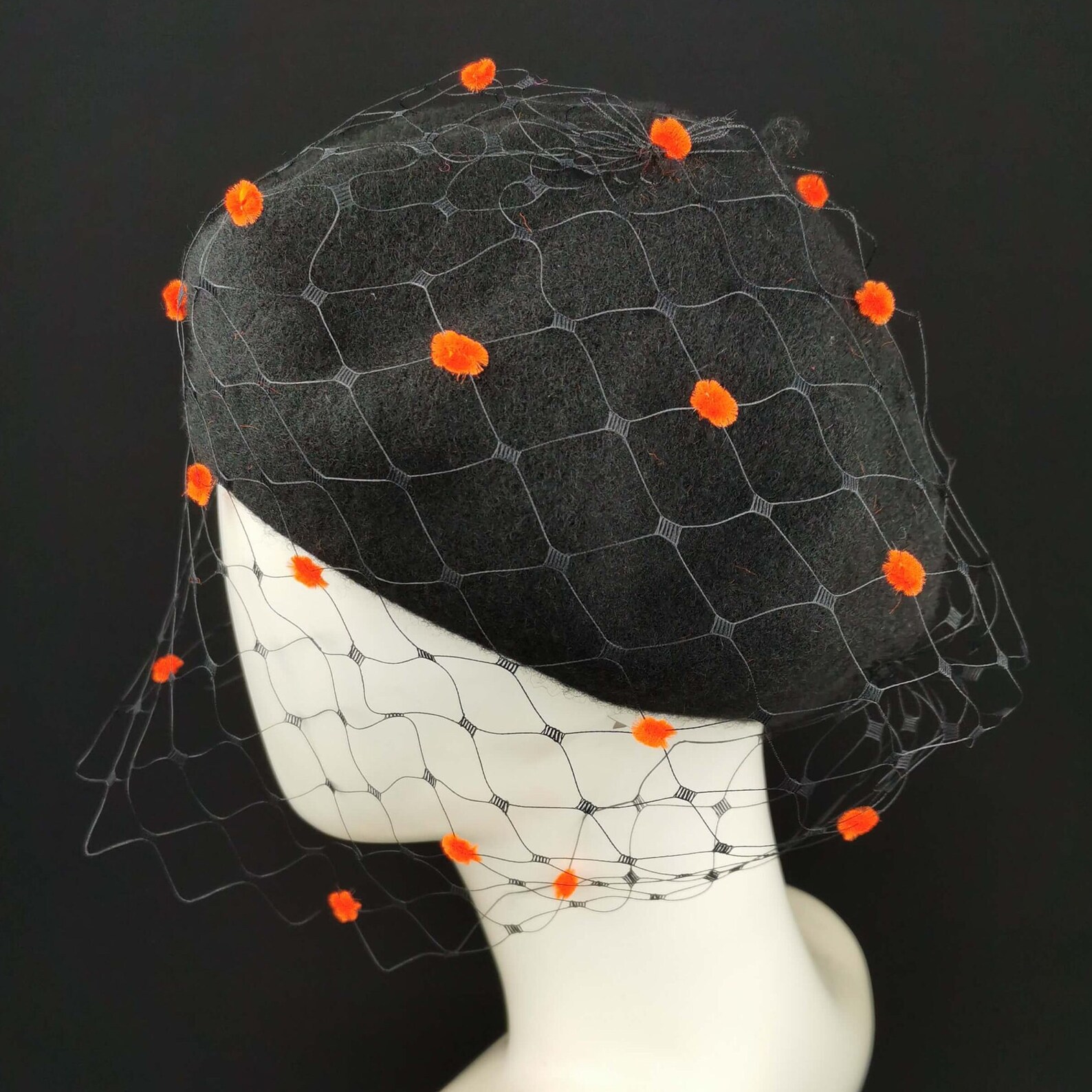 Beret With Veil, Black With Neon Orange Chenille Dots, Statement Hat ...