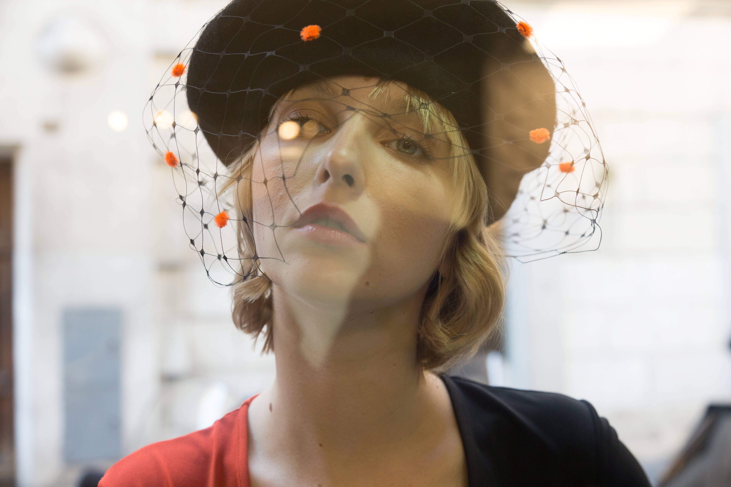 Beret With Veil Black With Neon Orange Chenille Dots - Etsy