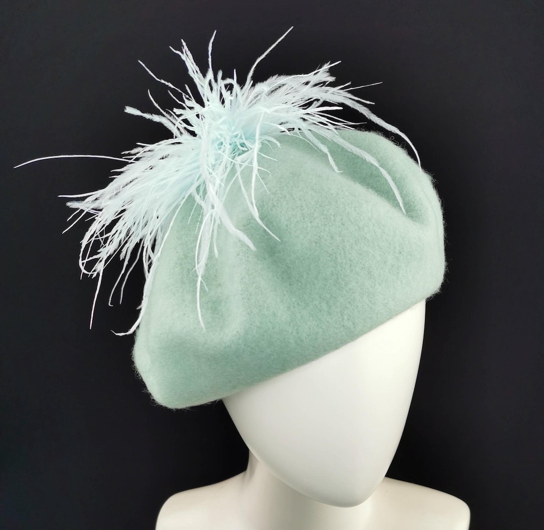 Beret With Feathers, Aqua Green Beret, French Beret, Hat With Feathers ...
