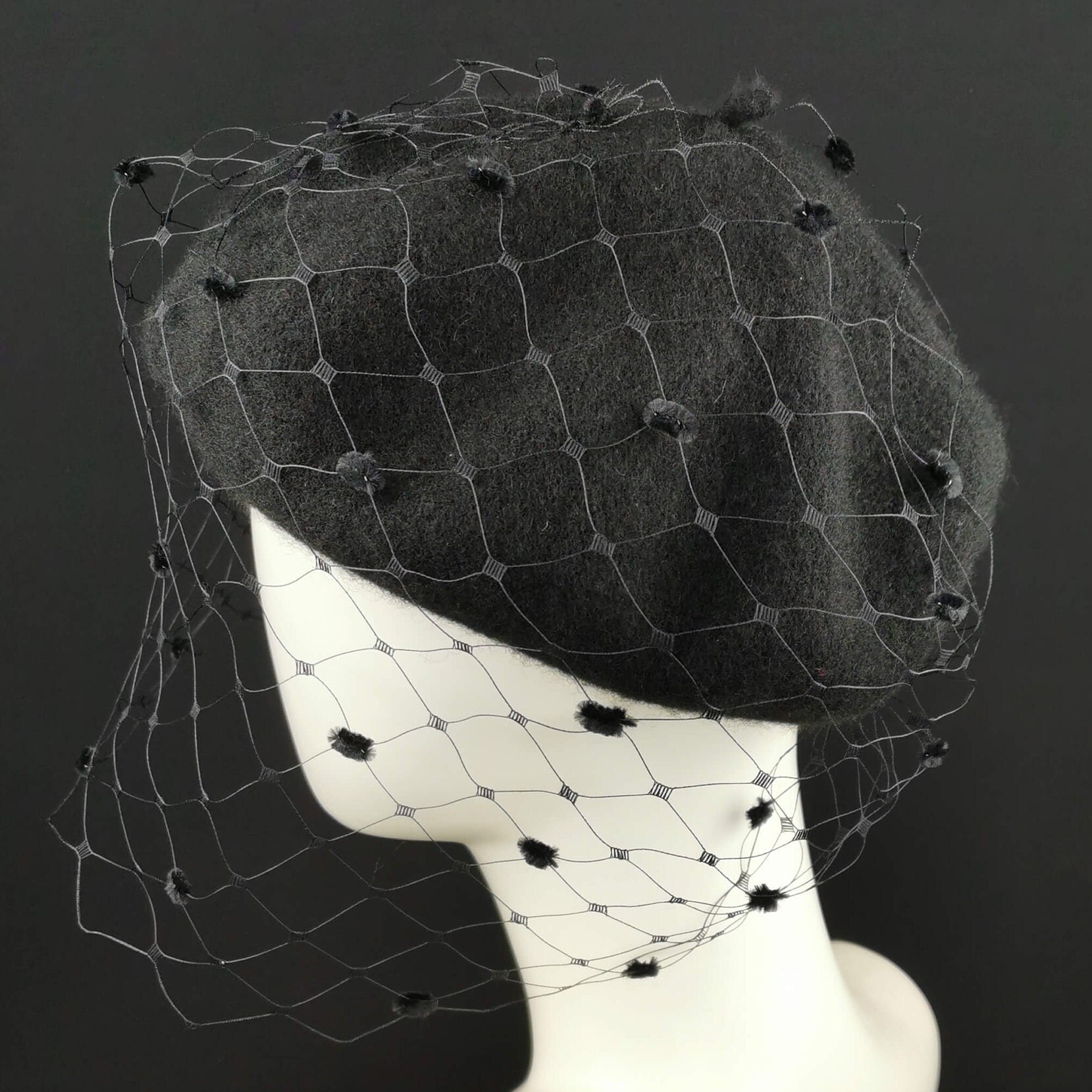 Beret With Veil, Total Black, Merry Widow, Statement Hat, Veil Beret ...