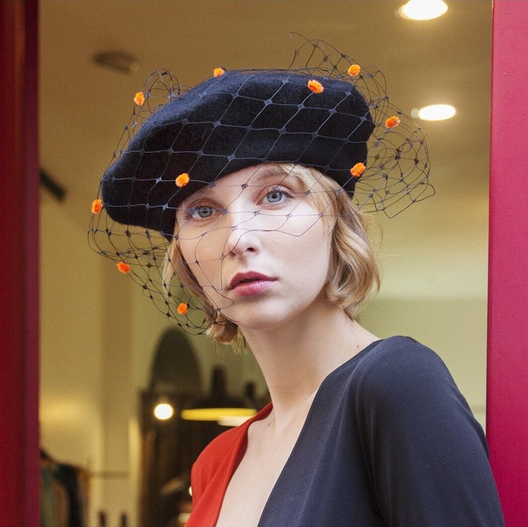 Beret With Veil, Black With Neon Orange Chenille Dots, Statement Hat ...