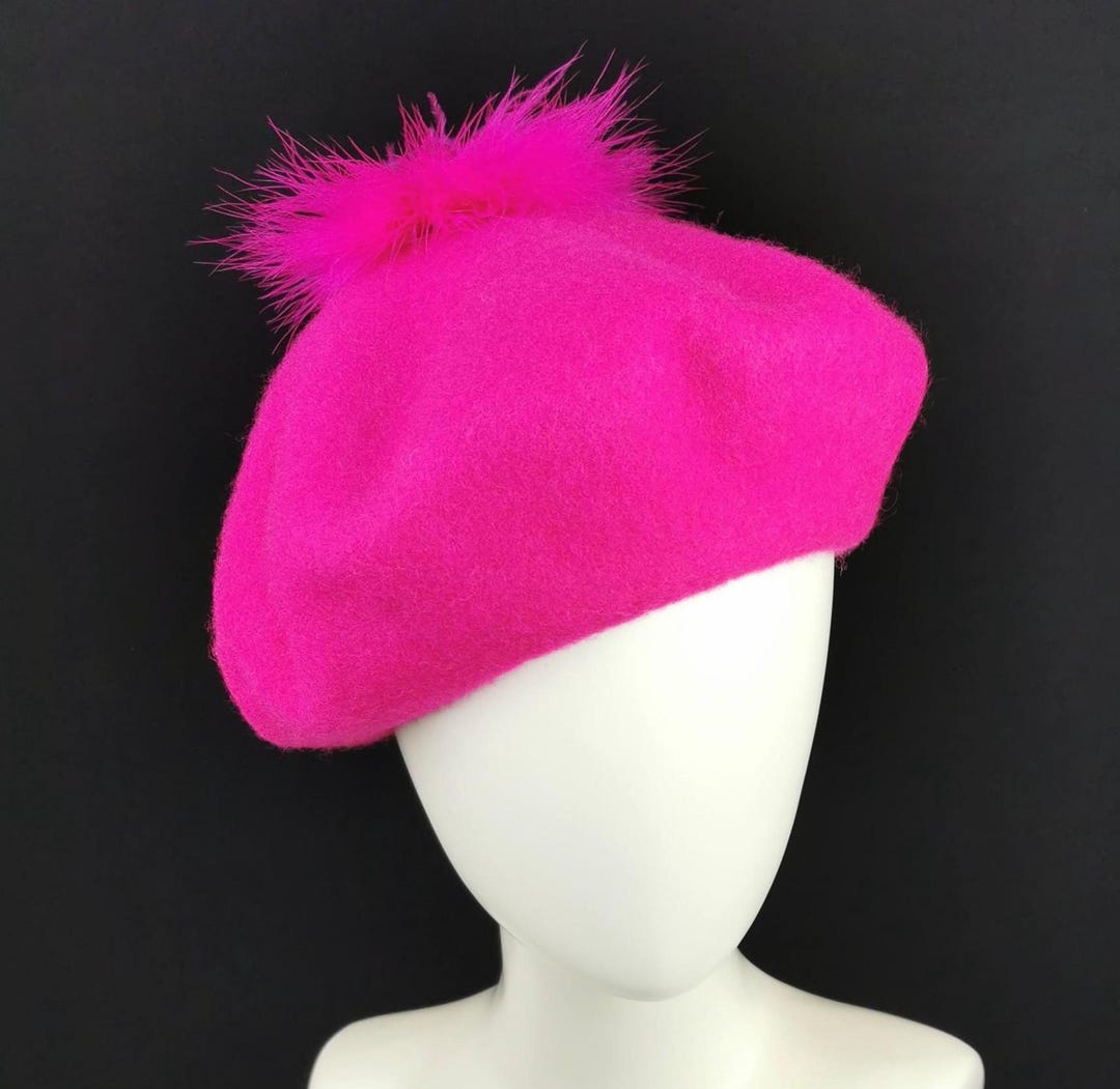 Beret With Feathers, Hot Pink Beret With Marabou Feathers Pompon, Women ...