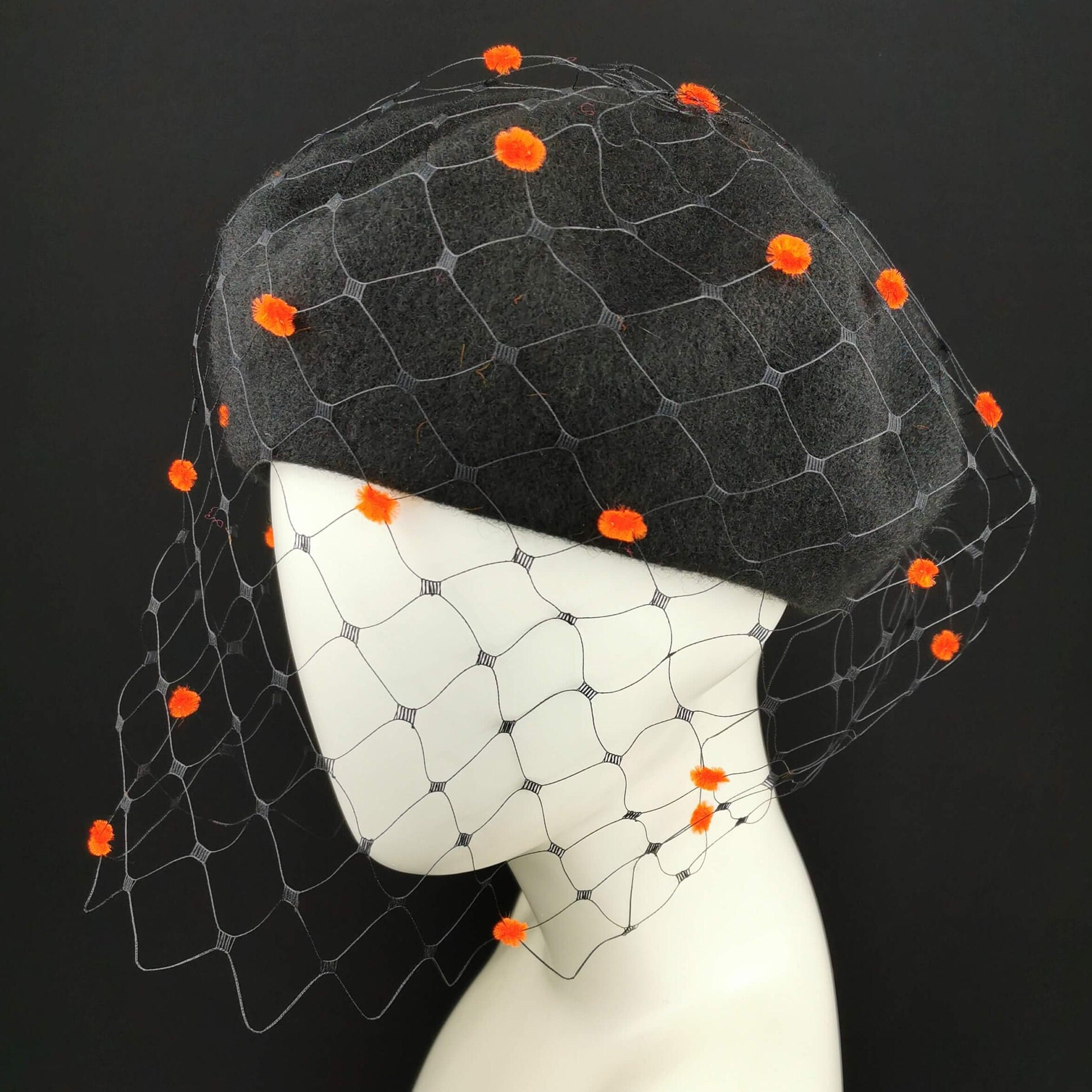 Beret With Veil Black With Neon Orange Chenille Dots - Etsy