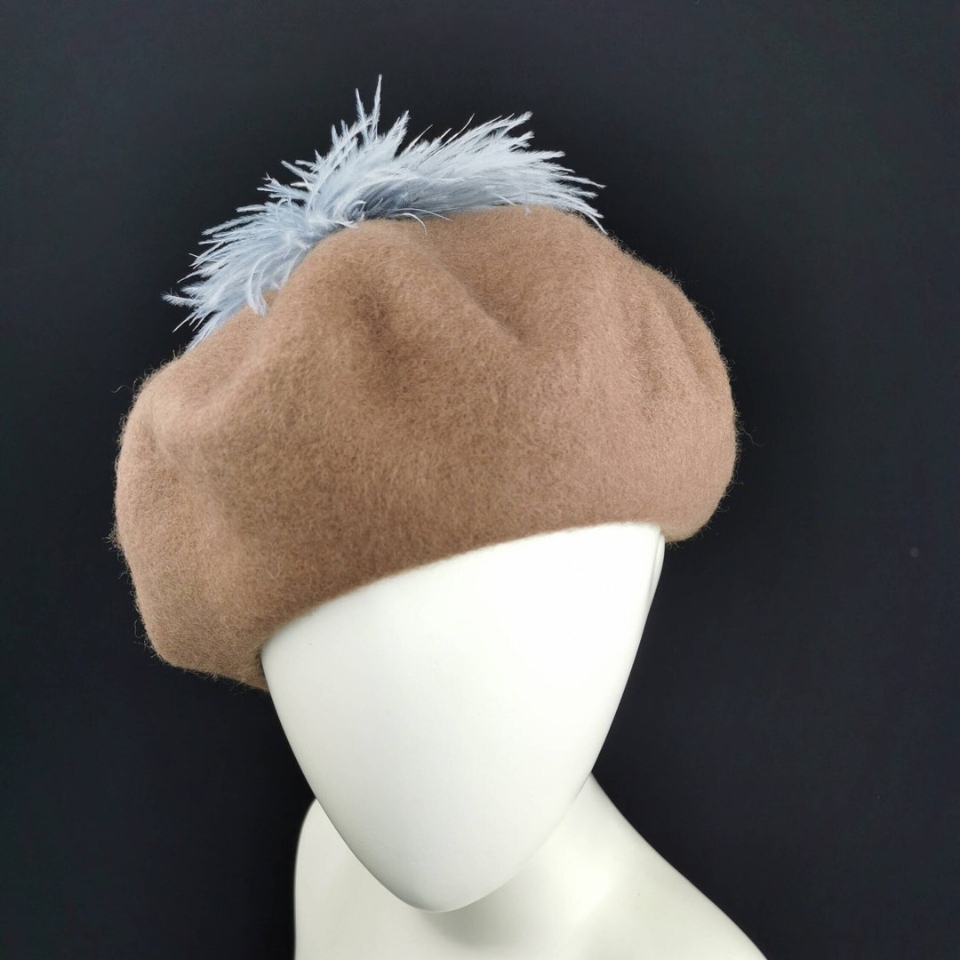 Beret With Feathers Peanut Brown Beret With Grey Ostrich - Etsy
