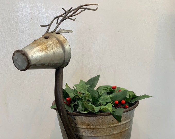 Rustic Metal Deer Antler Bucket Planter, Wildlife Animal Decor, Deer ...