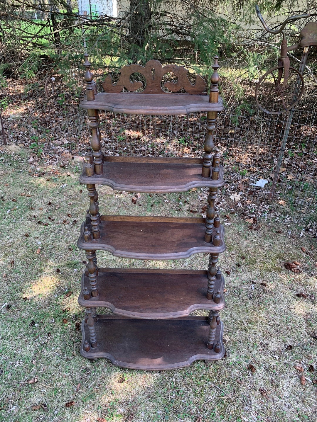 Antique Finial Shelf, Five Tier Wood Shelf. Turned Spindle Graduated ...