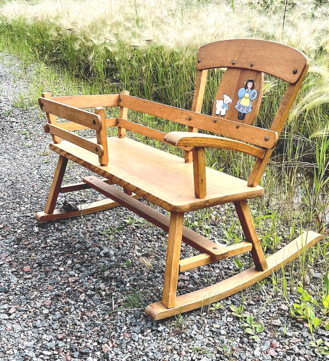 Antique Wood Childrens Bench Mammy Rocking Chair Cradle Doll Display ...