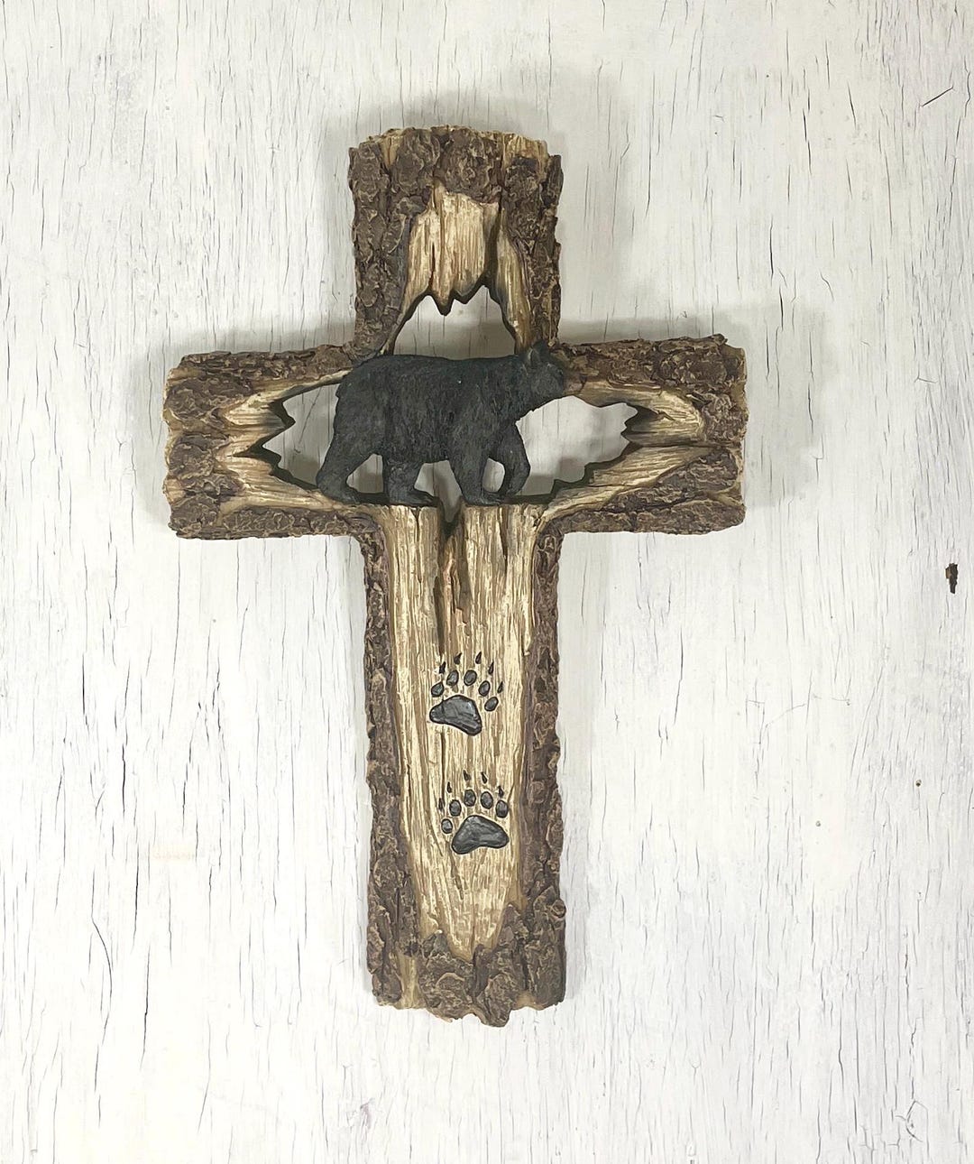Rustic Black Bear Cross Wall Hanging Wood Look Cabin Lodge Wall Decor ...