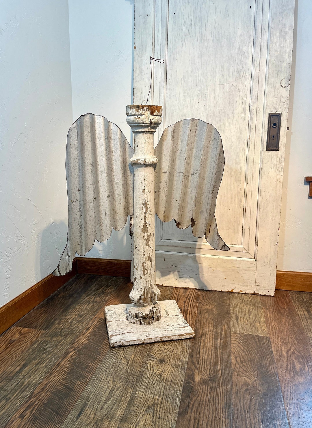 Reclaimed Wood Post Angel Garden Statue Galvanized Metal Wings Outdoor ...