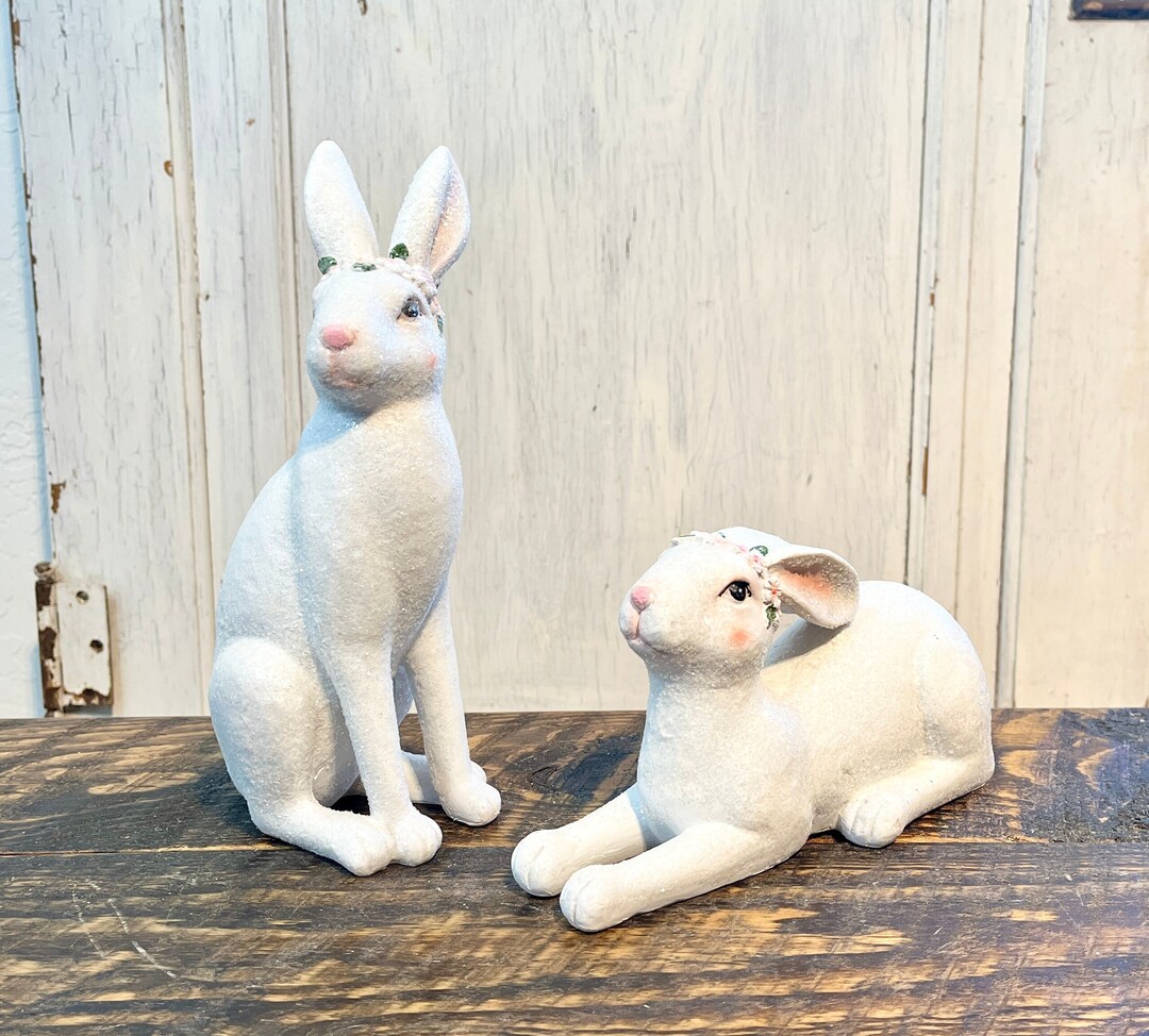 Set White Easter Rabbit Bunny Figurines Statues Flower Spring Tabletop ...