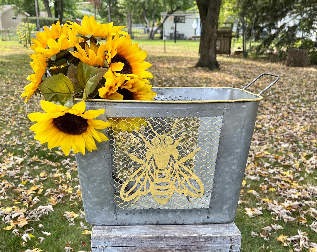 Galvanized Bee Themed Metal Basket Planter Organizer Garden Home Decor ...