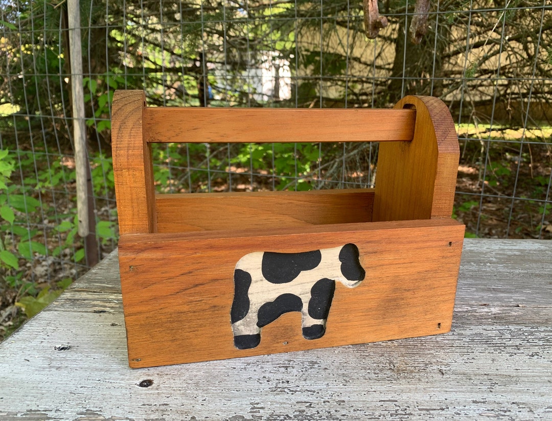 Farmhouse Dairy Cow Wood Caddy Condiment Napkin Holder Kitchen Decor ...