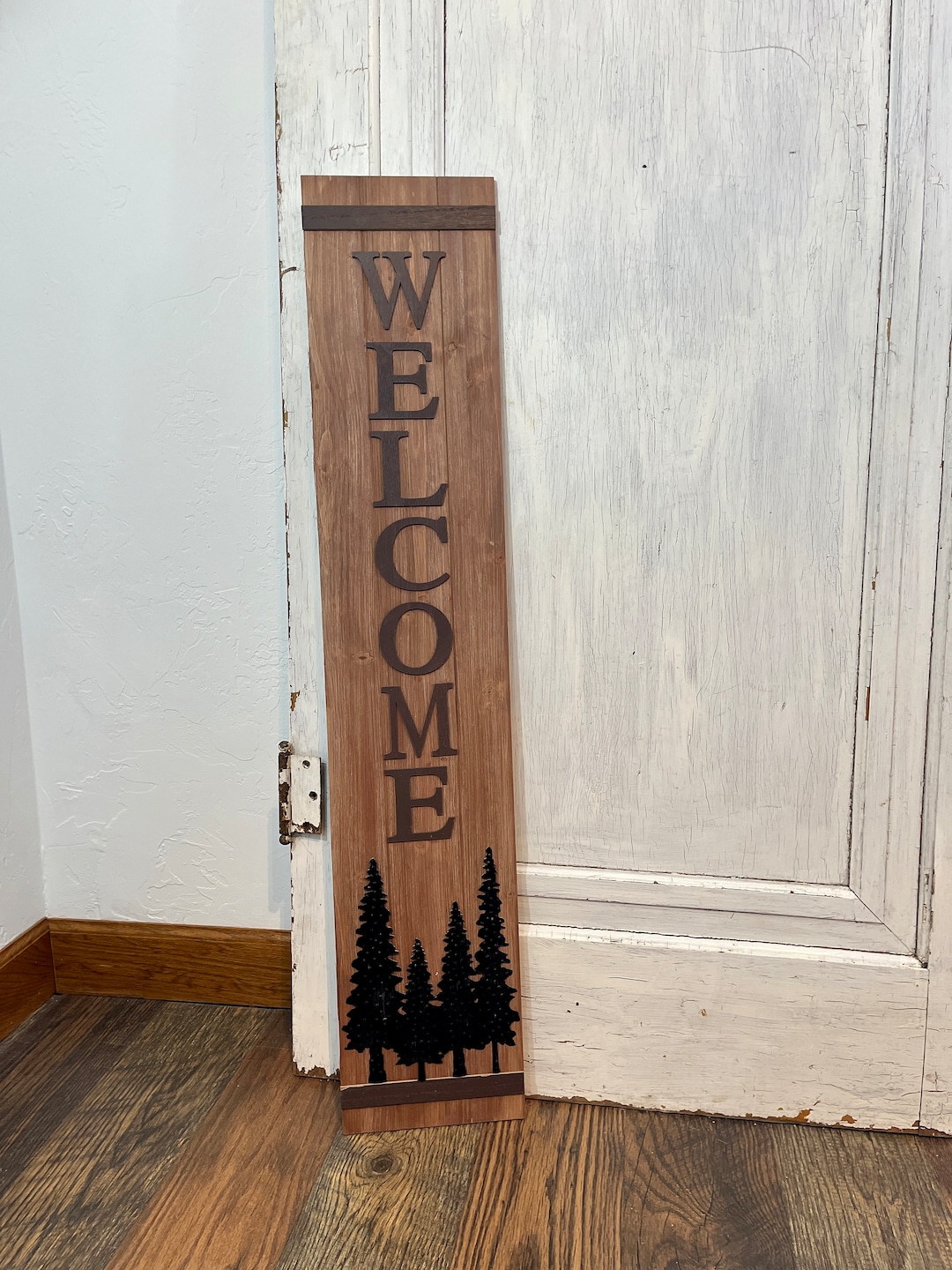 Rustic Wood Metal Welcome Sign Door Leaner W/ Evergreen Forest ...
