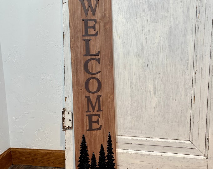 Rustic Wood Metal Welcome Sign Door Leaner W/ Evergreen Forest ...