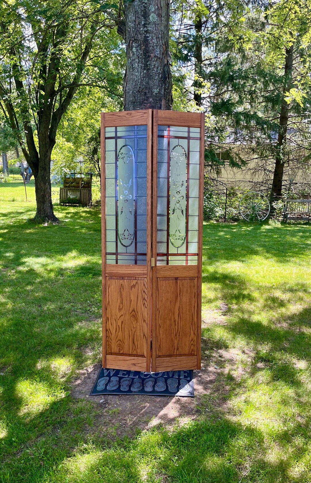 Vintage Wood Stained Glass Bi-fold Double Pantry Door, Reclaimed ...