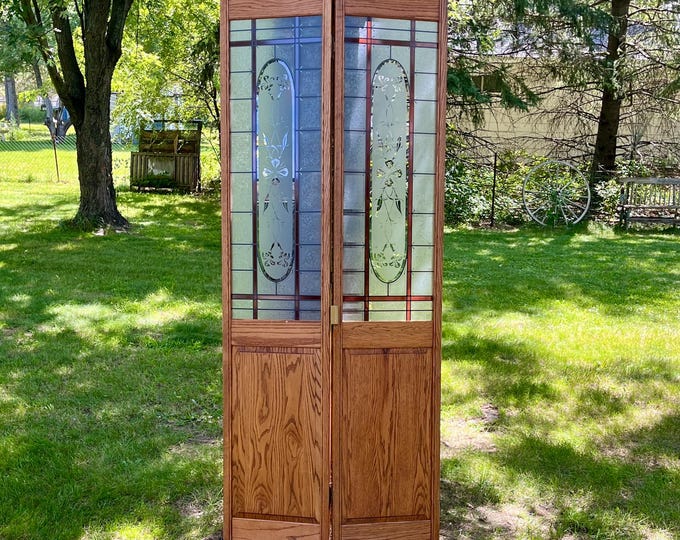 Vintage Wood Stained Glass Bi-fold Double Pantry Door, Reclaimed ...