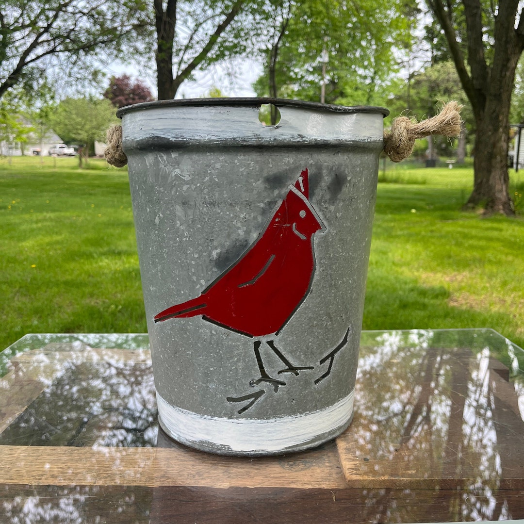 Red Cardinal Outdoor Decor Vintage Metal Pail Bucket Planter Garden ...