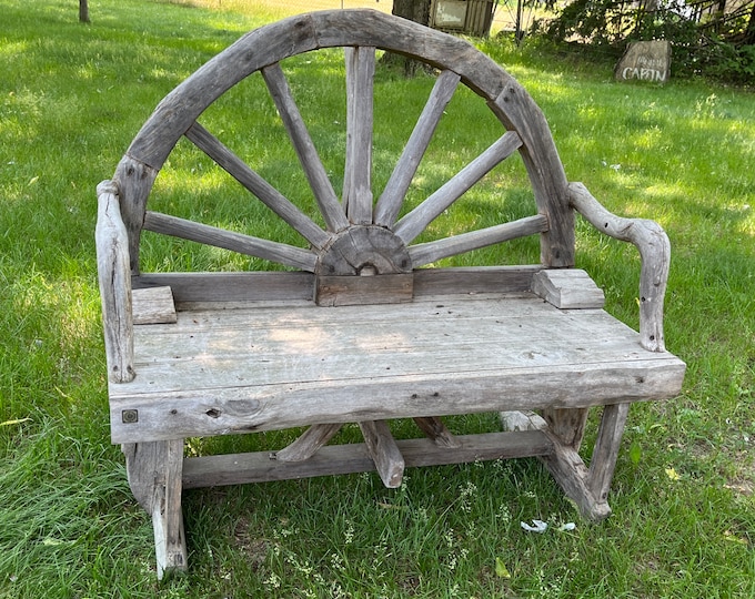 Primitive Wood Wagon Wheel Bench, 4' Sitting Bench, Rustic Outdoor ...