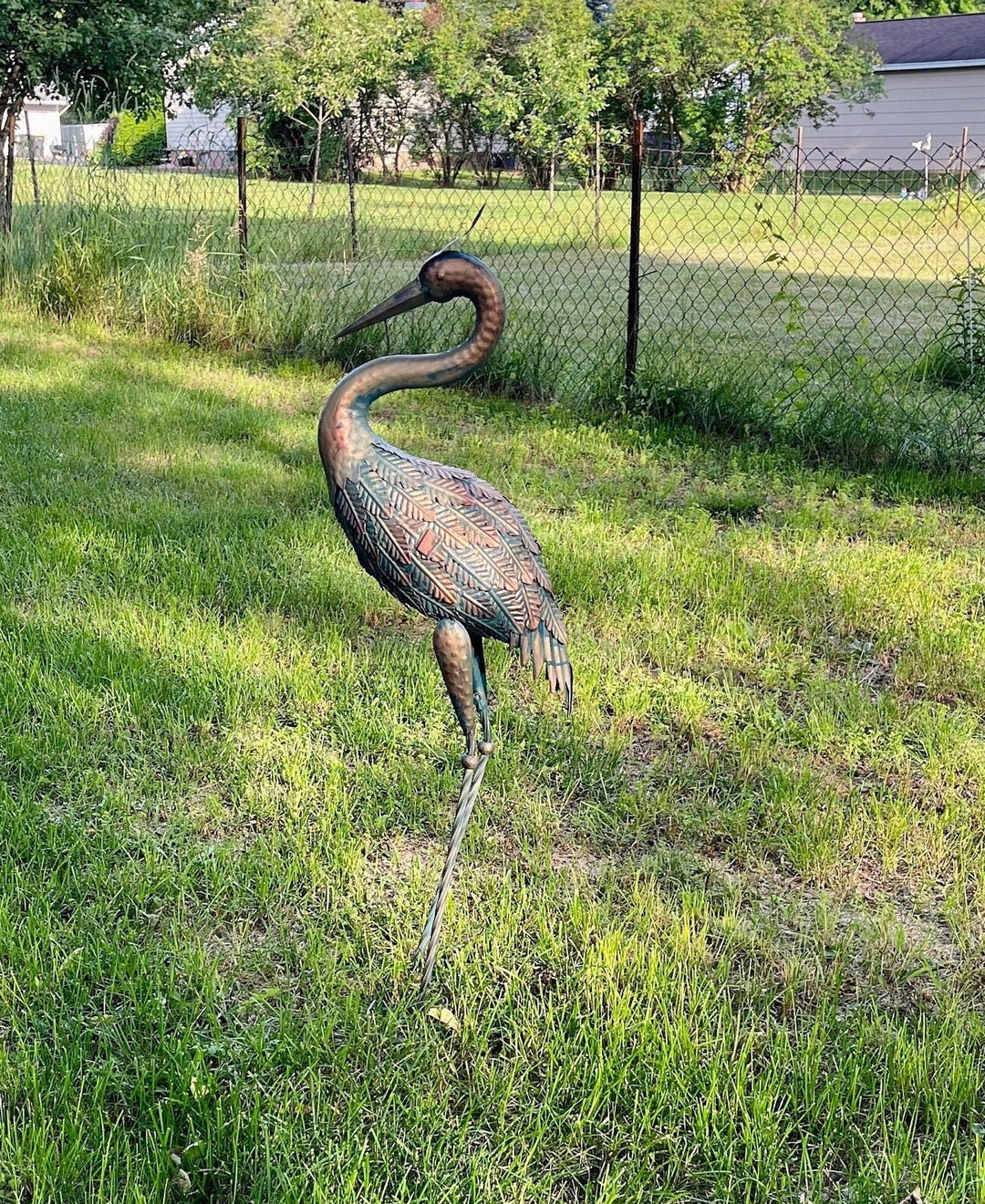 Aged Metal Heron Bird Statue Outdoor Garden Art Stake Yard Lawn Decor ...