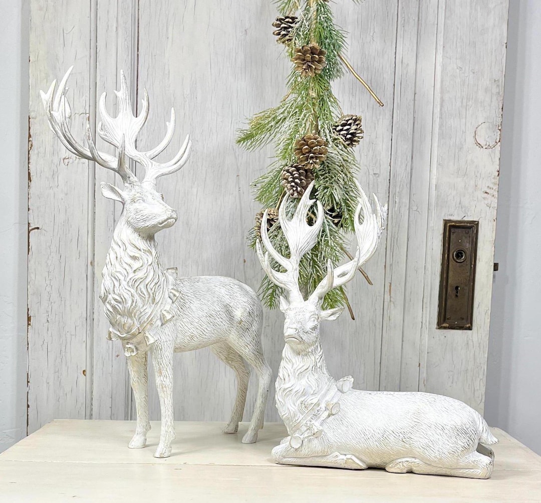 Set White Deer Reindeer Statue Figurine Gold Brushed Christmas Decor ...