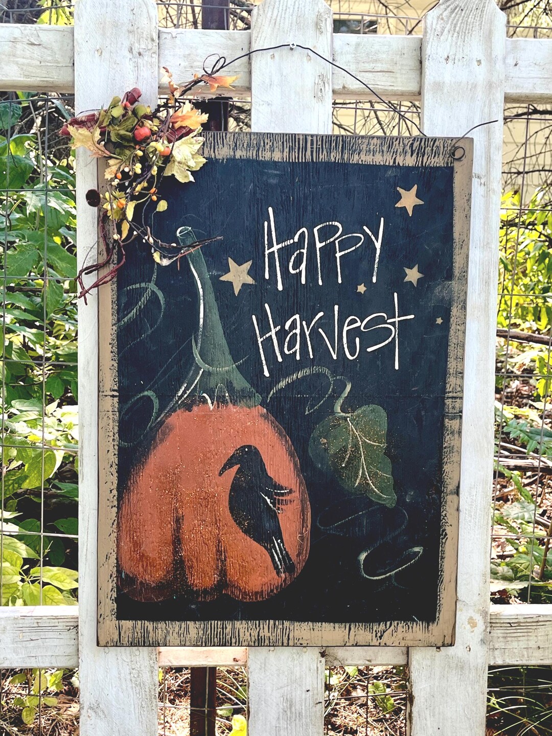Vintage Happy Harvest Fall Sign, Hand Painted Pumpkins, Black Crow ...