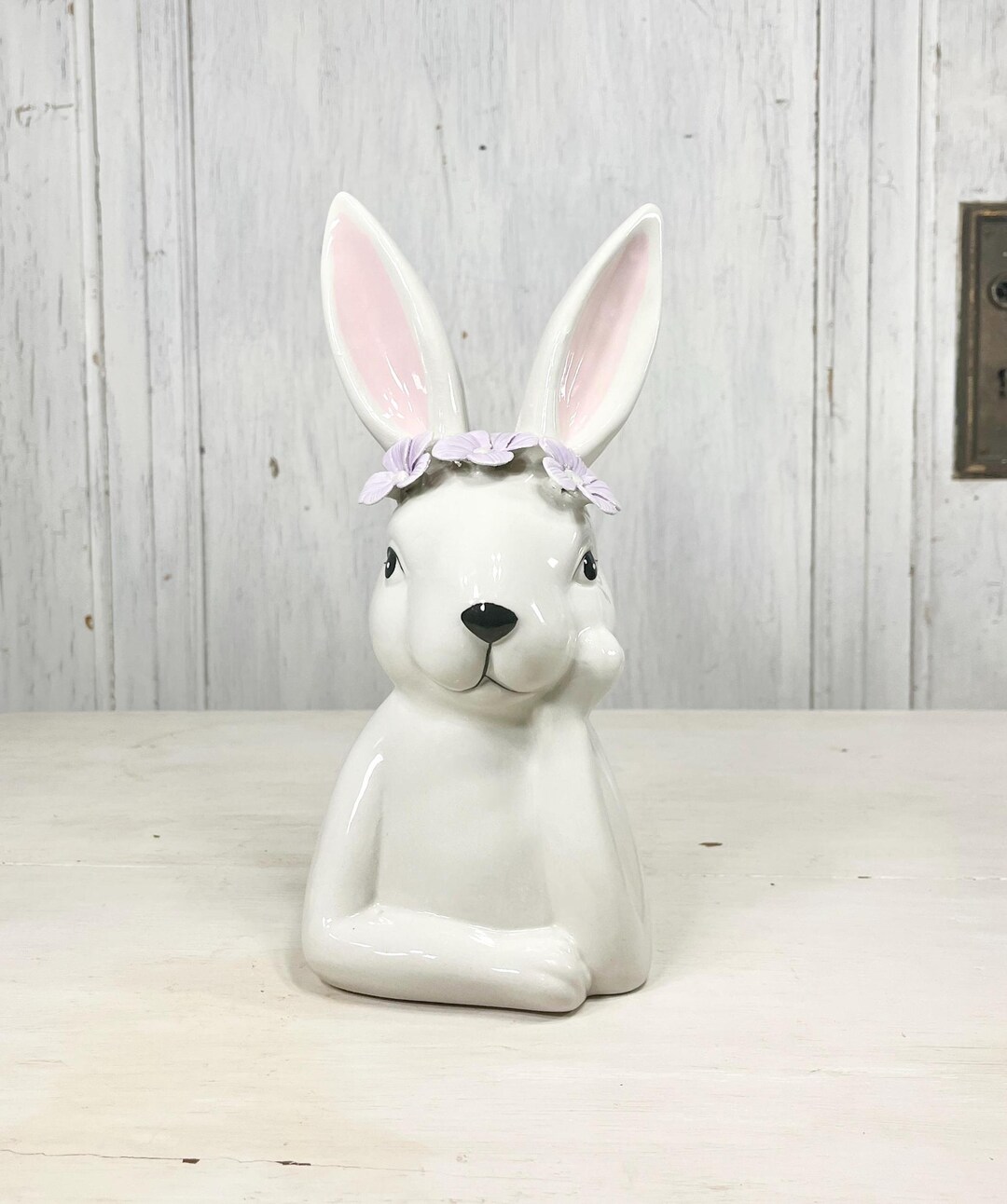 White Ceramic Bunny Statue Bust Figurine Flower Headband Hand on Chin ...