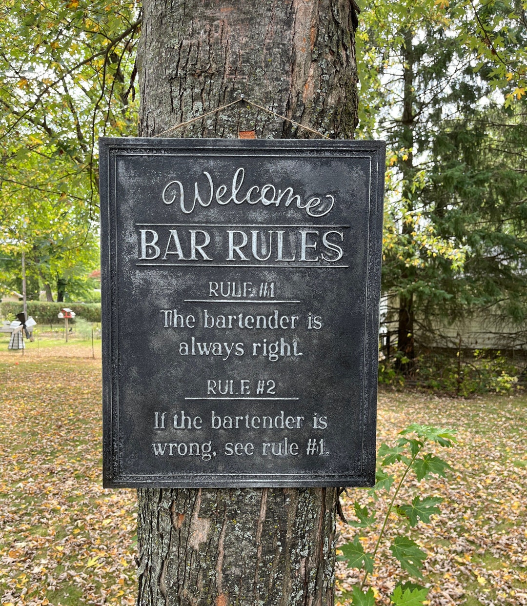 Antiqued Bar Sign, Bar Rules Metal Embossed Basement Garage Bar Man ...