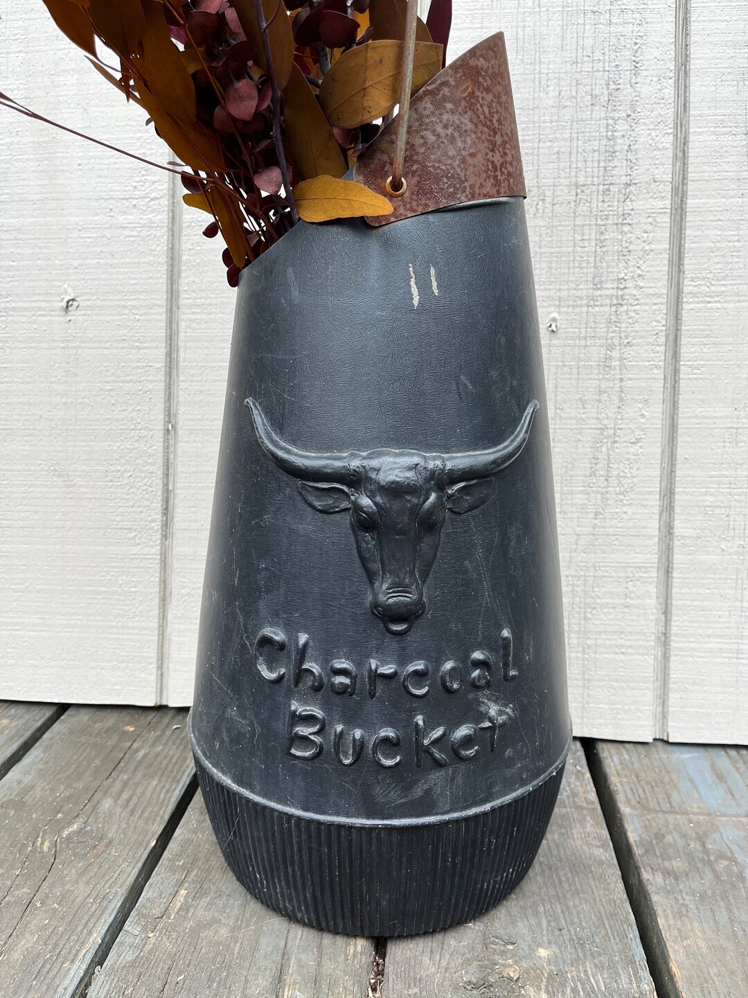 Vintage Charcoal Bucket Longhorn Bull Ranch Decor Hearth Faux Mantle ...