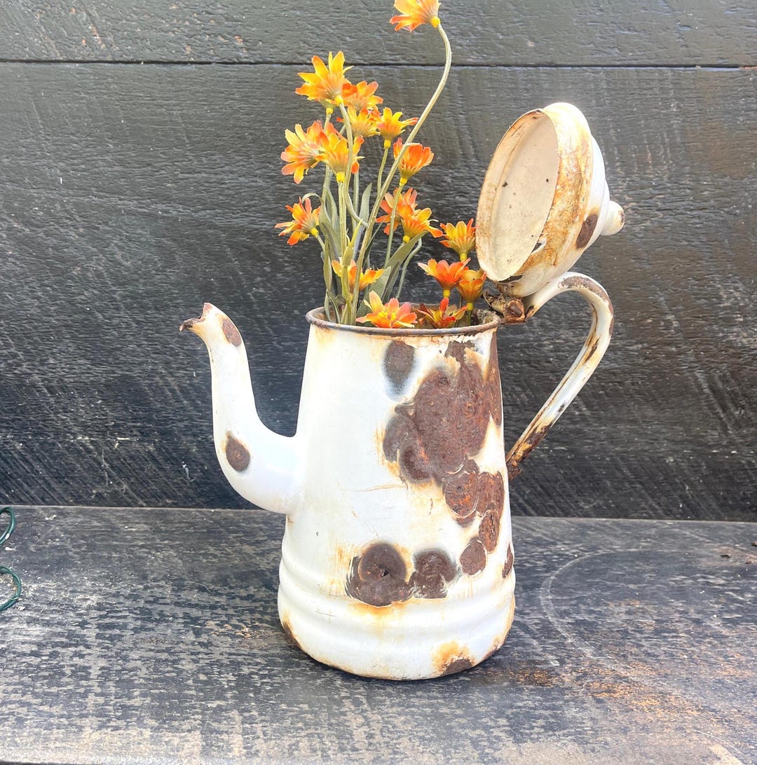 Vintage Teapot, Rustic Pitcher Vase, White Lidded Teapot, Metal Planter ...