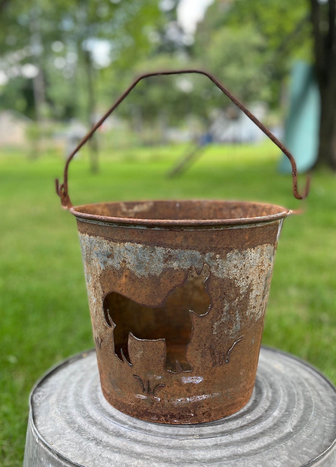 Antique Metal Bucket Art Donkey Mule Metal Cutout Art Pail Rusty Garden ...