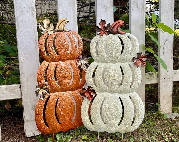 Set Large Metal Pumpkin Stake Outdoor Fall Decor Garden Yard Art ET95 ...