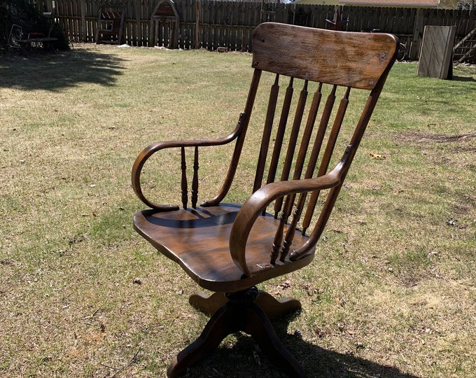 Antique Wood Oak Bankers Office Arm Chair Tilt Swivel Adjustable ...