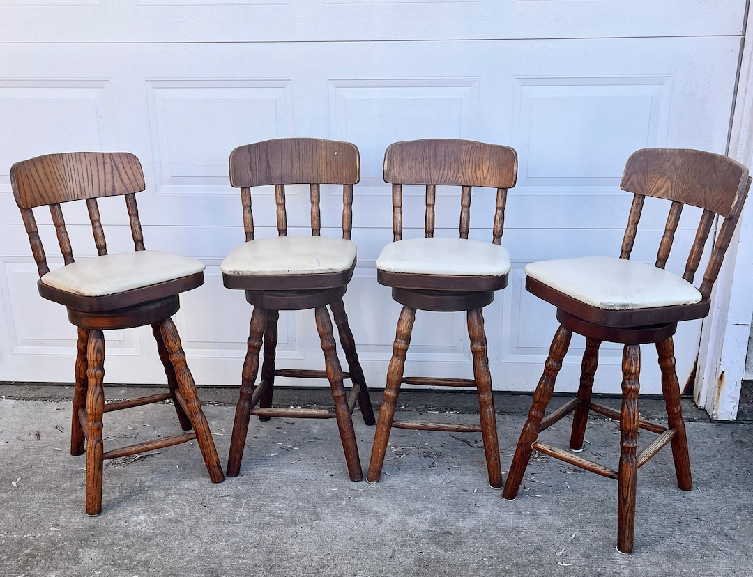 Antique Oak Wood Barrel Back Barstools Set of 4 DZ97 - Etsy