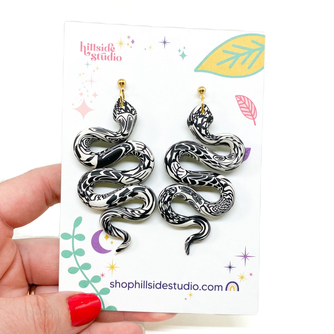 Anya Snake Earrings | Black and White Snakes| Floral & Fauna | Polymer Clay Snakes | Statement ...