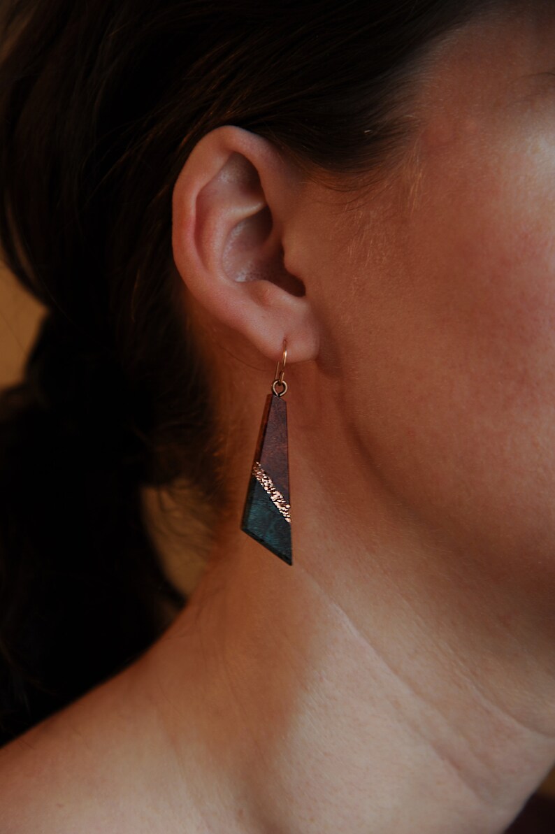 Green Brown Copper Triangle Earrings Made From Burl Wood With - Etsy