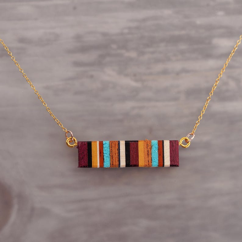 Colorful Turquoise and Wood Pendant, Horizontal Layering Bar Necklace ...