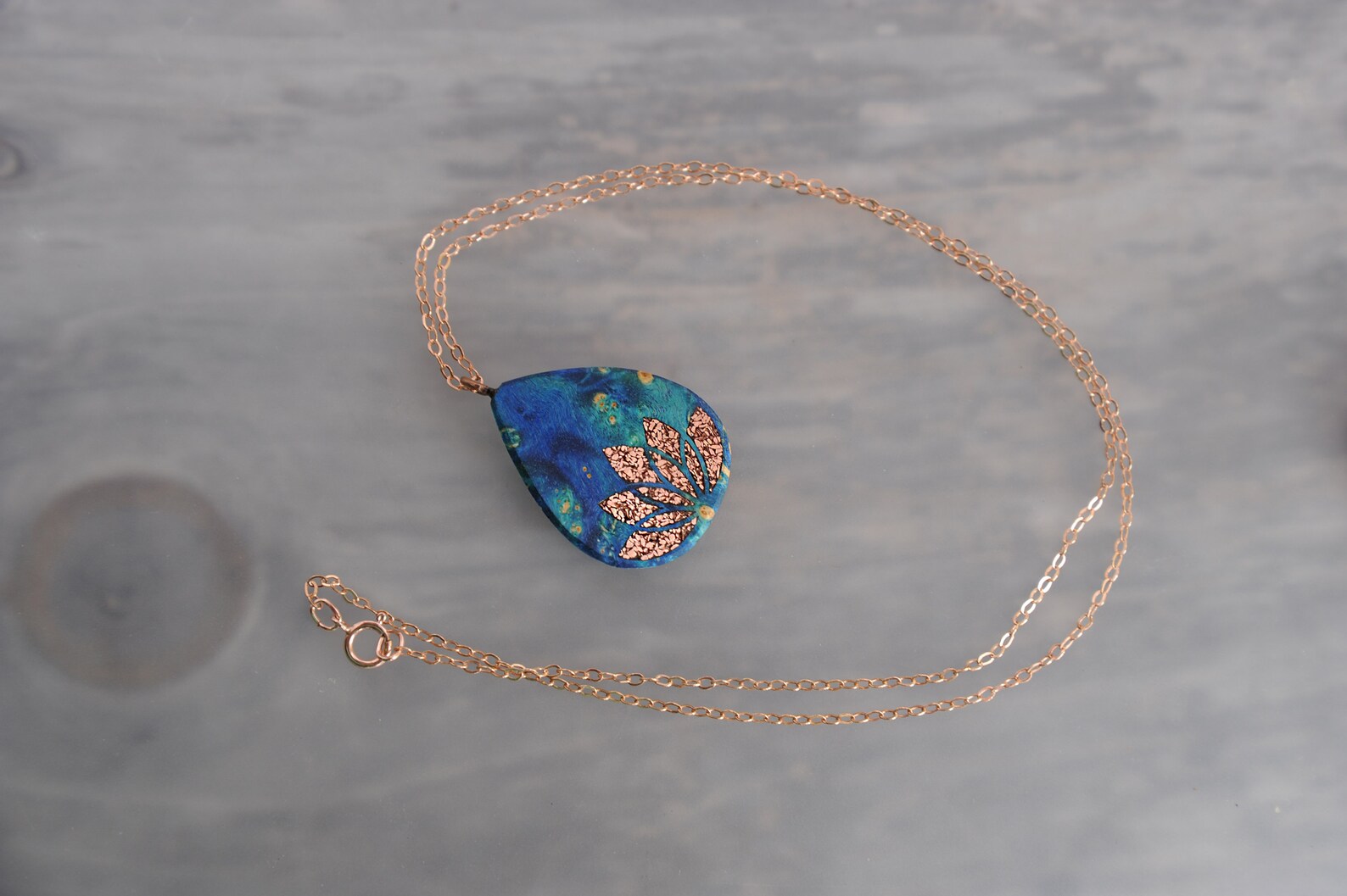 Copper Inlay Lotus Flower Blue Wood Pendant With 14k Rose Gold Chain - Etsy