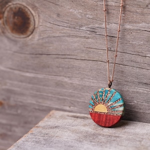 Handmade Sunrise Necklace: Recycled Wood and Copper Inlay With 14k Rose ...