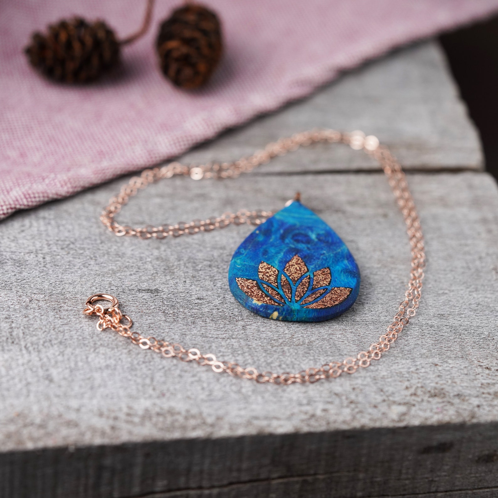 Copper Inlay Lotus Flower Blue Wood Pendant With 14k Rose Gold Chain - Etsy