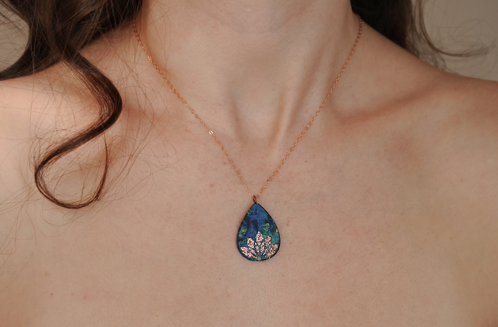 Copper Inlay Lotus Flower Blue Wood Pendant With 14k Rose Gold Chain - Etsy