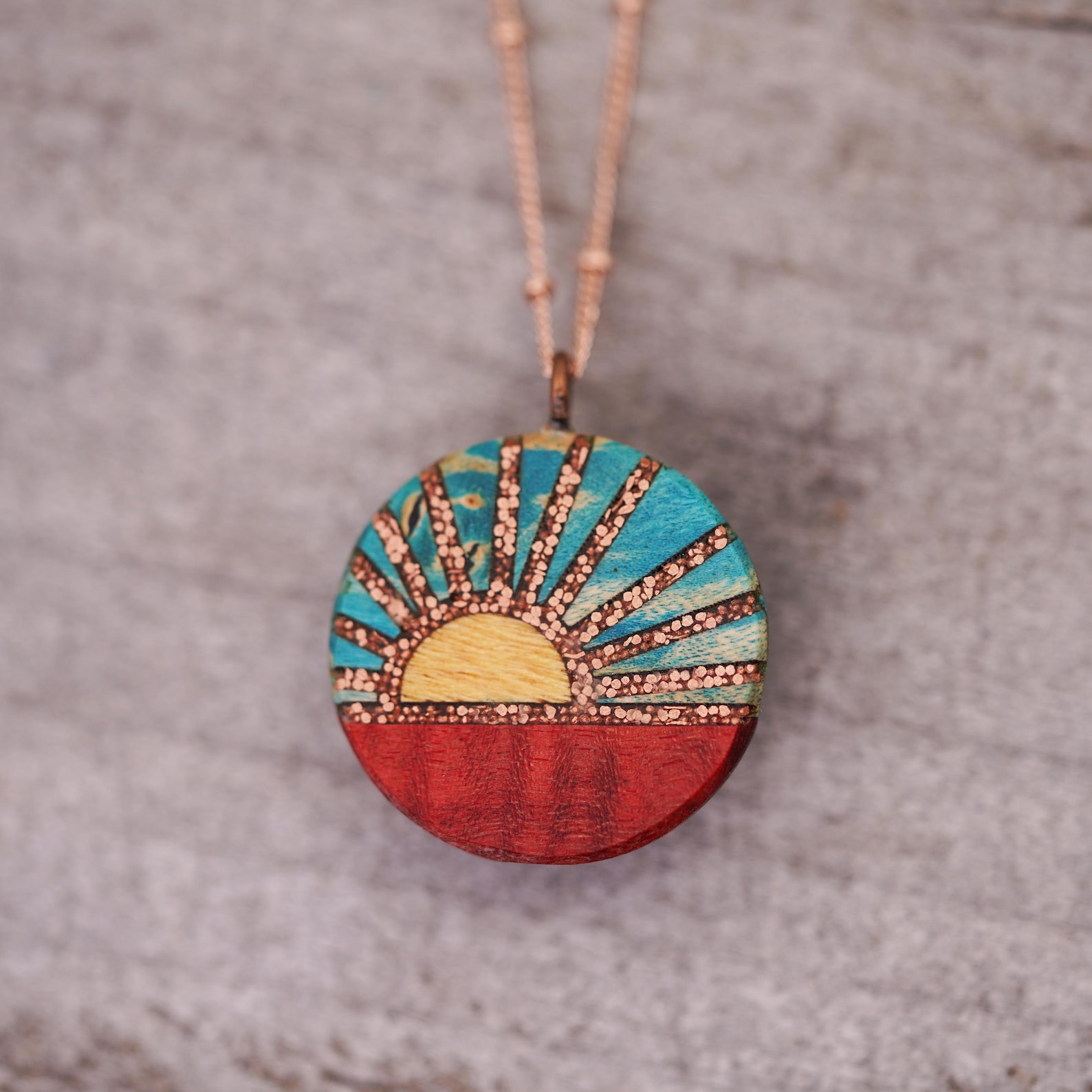 Handmade Sunrise Necklace: Recycled Wood and Copper Inlay With 14k Rose ...