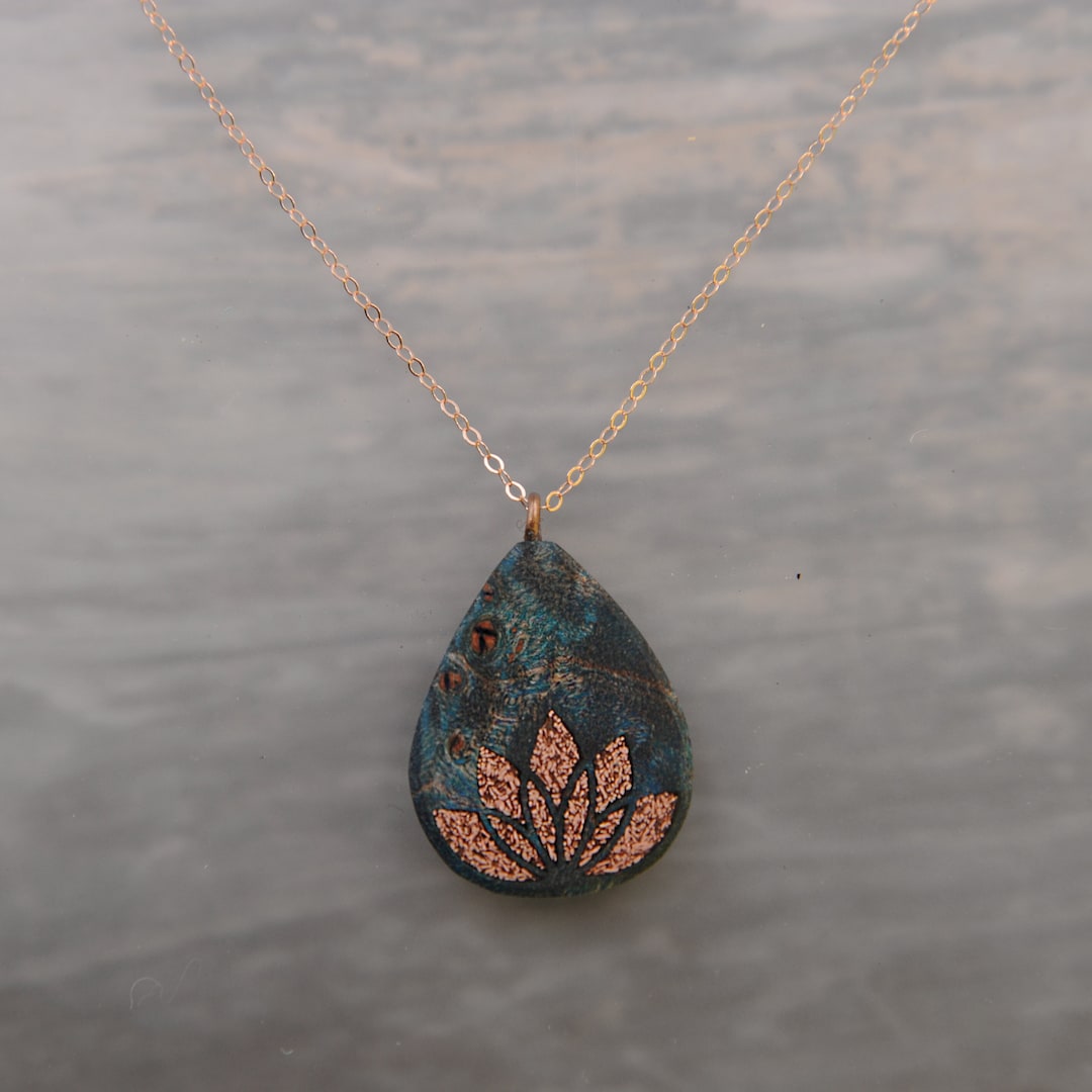Copper Inlay Lotus Flower Blue Wood Pendant With 14k Rose Gold Chain - Etsy