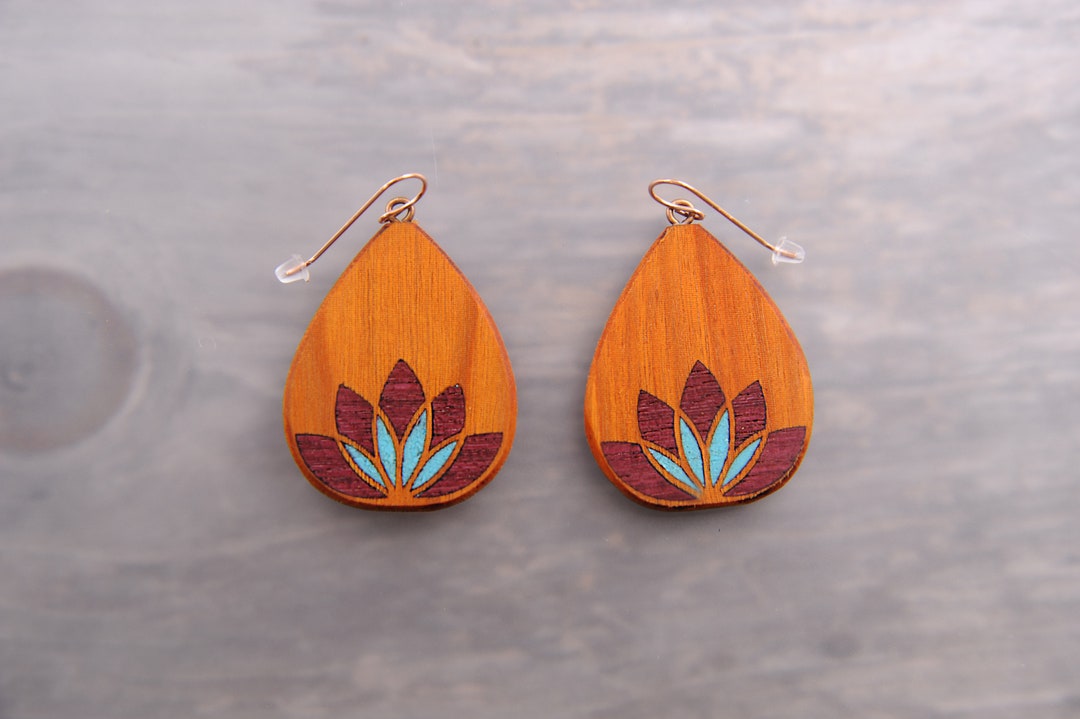 Big Turquoise Inlay Lotus Flower Teardrop, Wood Dangle Earrings - Etsy