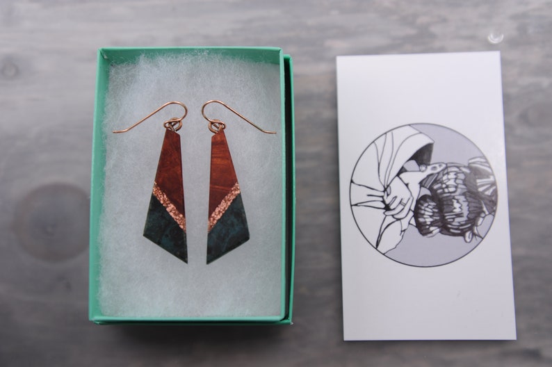 Green Brown Copper Triangle Earrings Made From Burl Wood With - Etsy